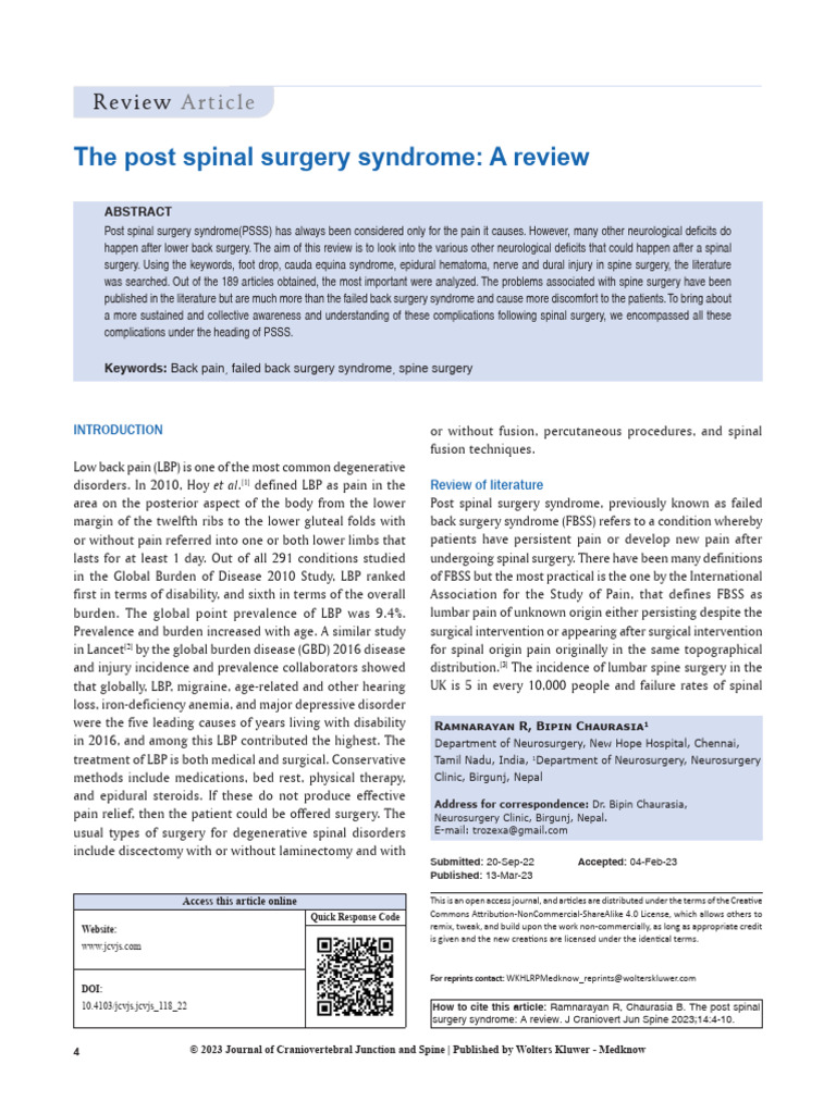 The Post Spinal Surgery Syndrome - A Review 2023 | PDF | Pain ...