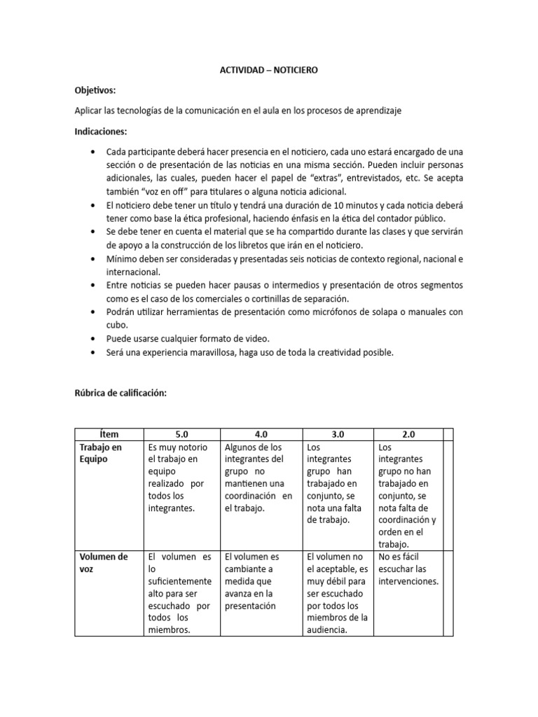 Rúbrica e Indicaciones Noticiero Ético | PDF | Estudios de idiomas extranjeros