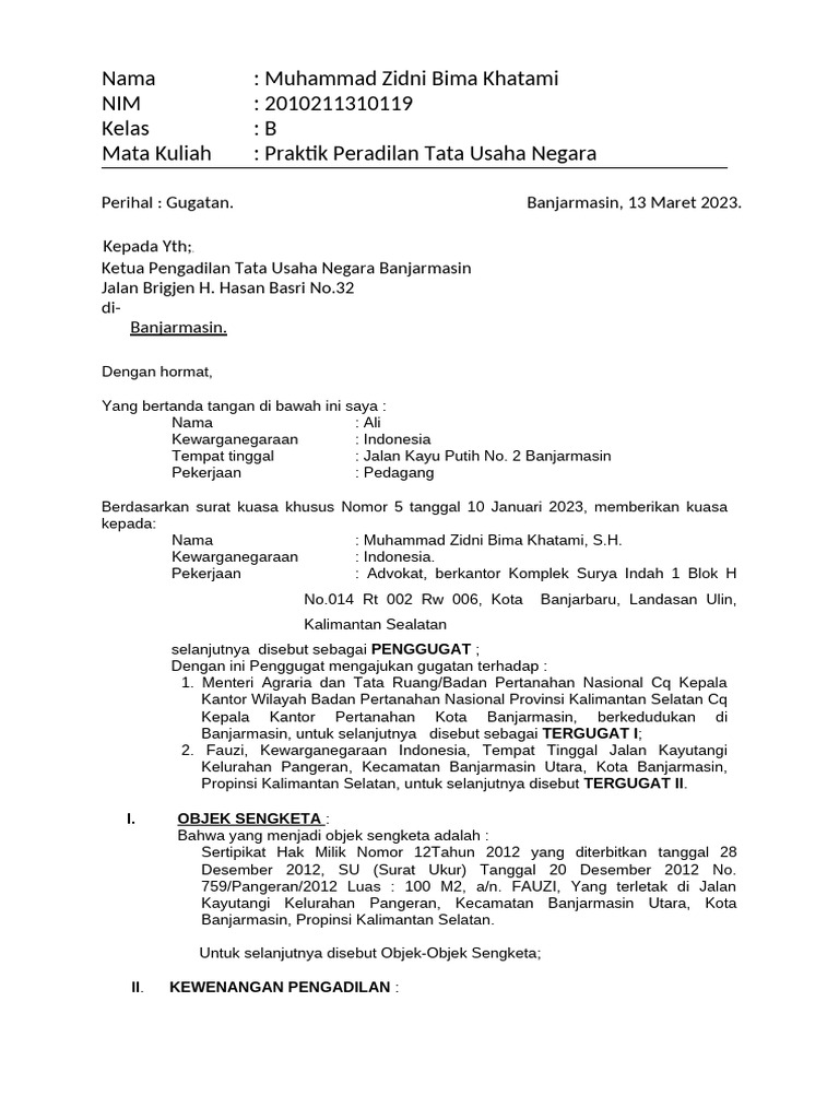 Surat Gugatan PTUN | PDF