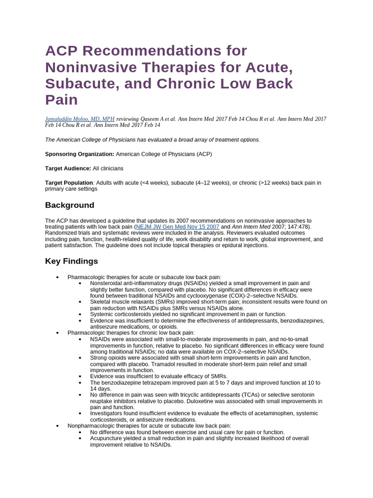 ACP Guidelines on Low Back Pain Treatment | PDF | Low Back Pain | Pain