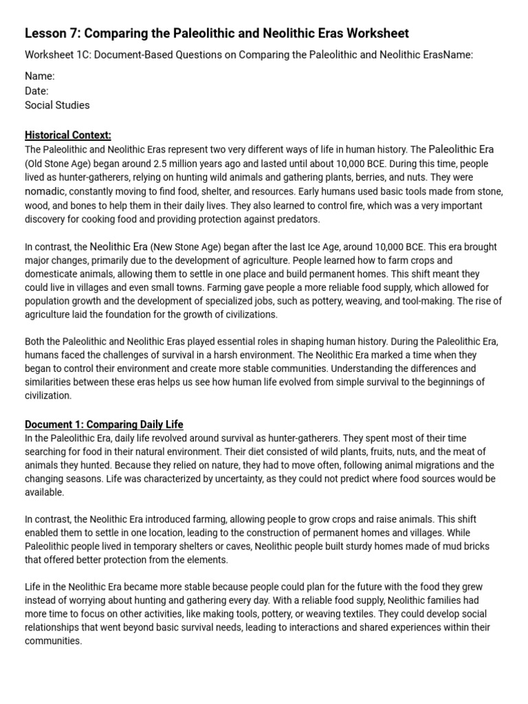 Lesson 7_ Worksheet | PDF | Paleolithic | Neolithic