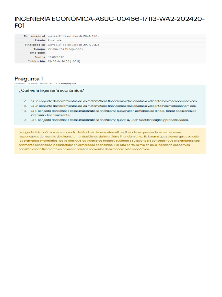 Ingeniería Económica Auto Eval 01 | PDF