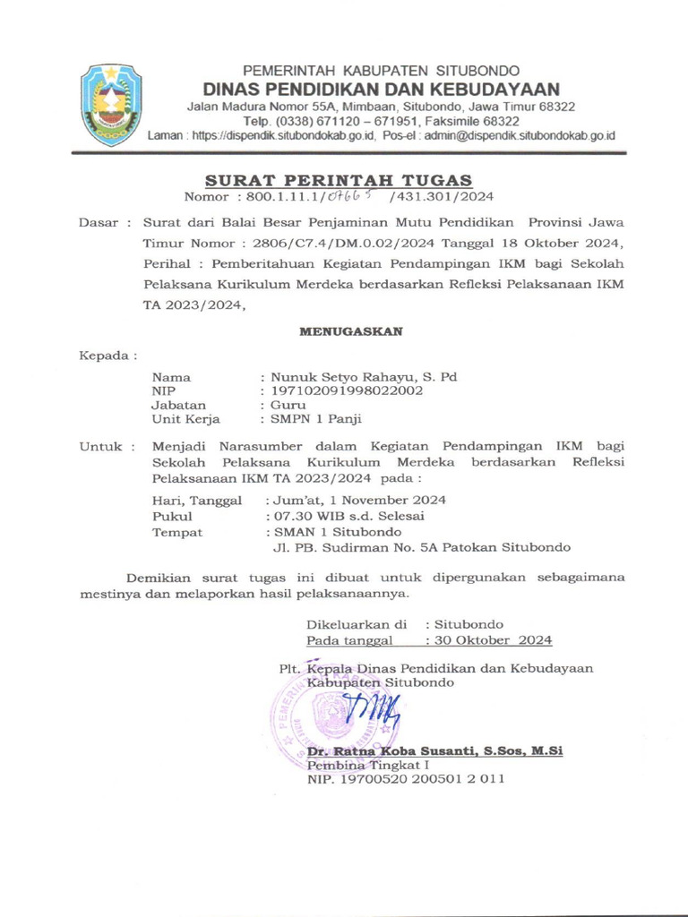 Surat Tugas Narasumber Pendampingan Ikm-Sman 1 Sit | PDF | Ilmu Sosial