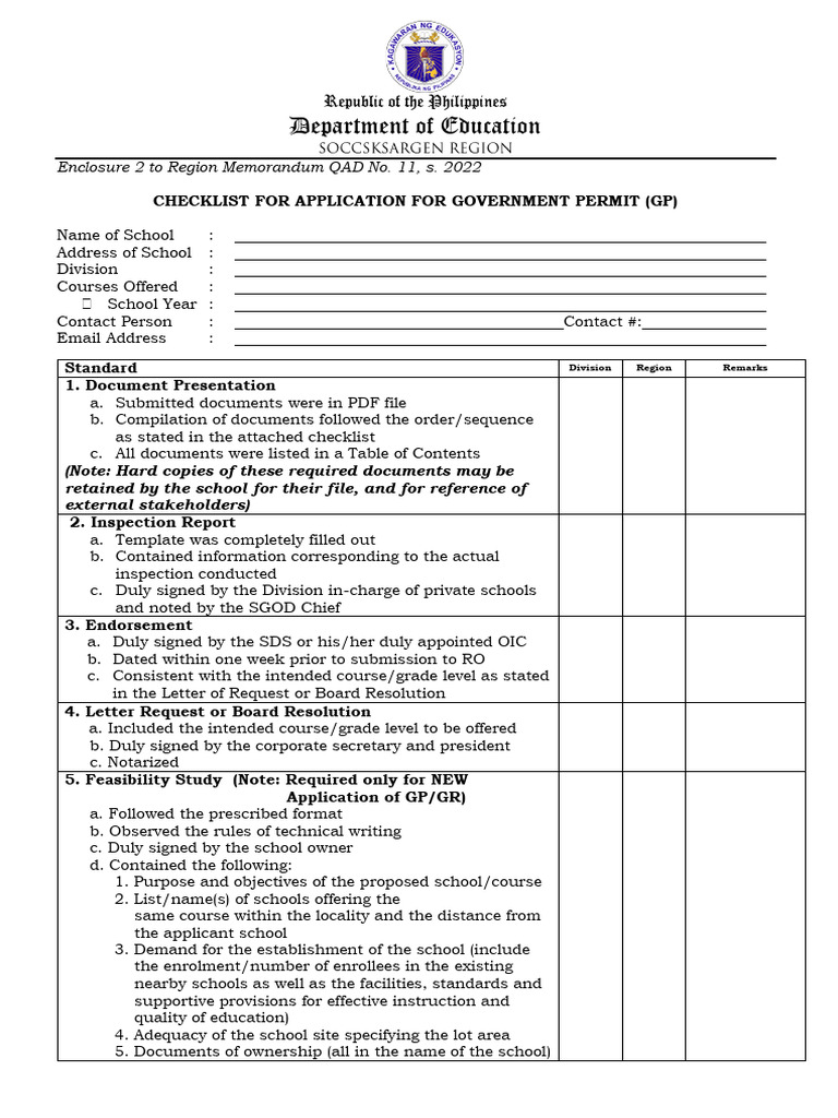 Enclosure2 - QAD CHECKLIST FOR APPLICATION FOR GOVERNMENT PERMIT GP ...