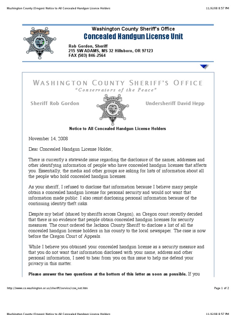 Washington County (Oregon) Notice to All Concealed Handgun License ...