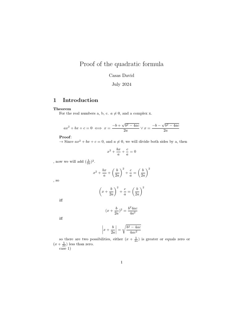 Proof of The Quadratic Formula-1 | PDF | Quadratic Equation | Square Root