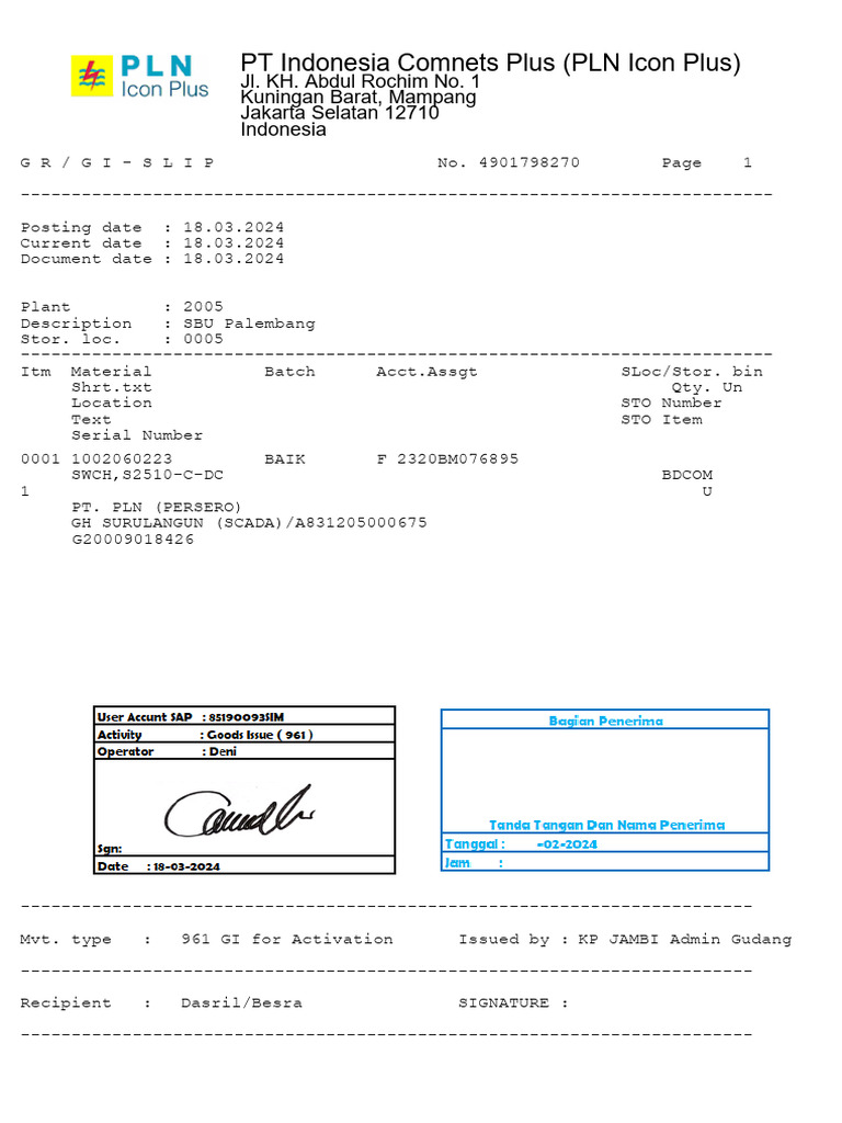 961 - 0005 - A831205000675 - Slip Gi Fot Pt. PLN (Persero) Kantor Pusat GH Surulangun (Scada ...