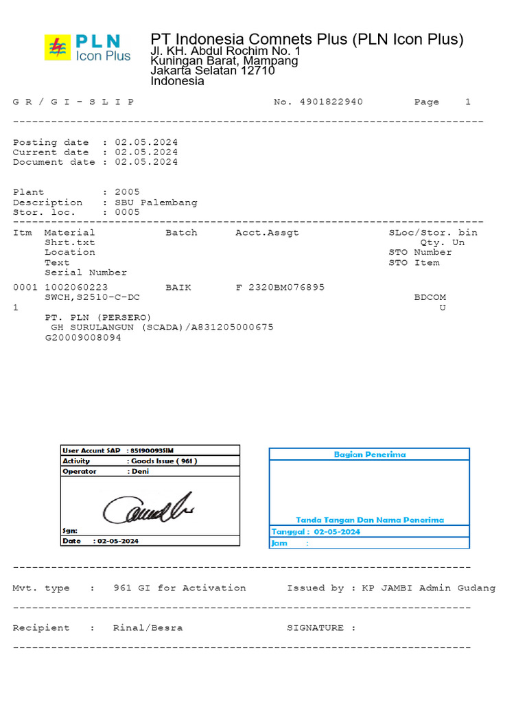 961 - 0005 - A831205000675 - Slip Gi Fot Pt. PLN (Persero) Kantor Pusat (Bus) | PDF