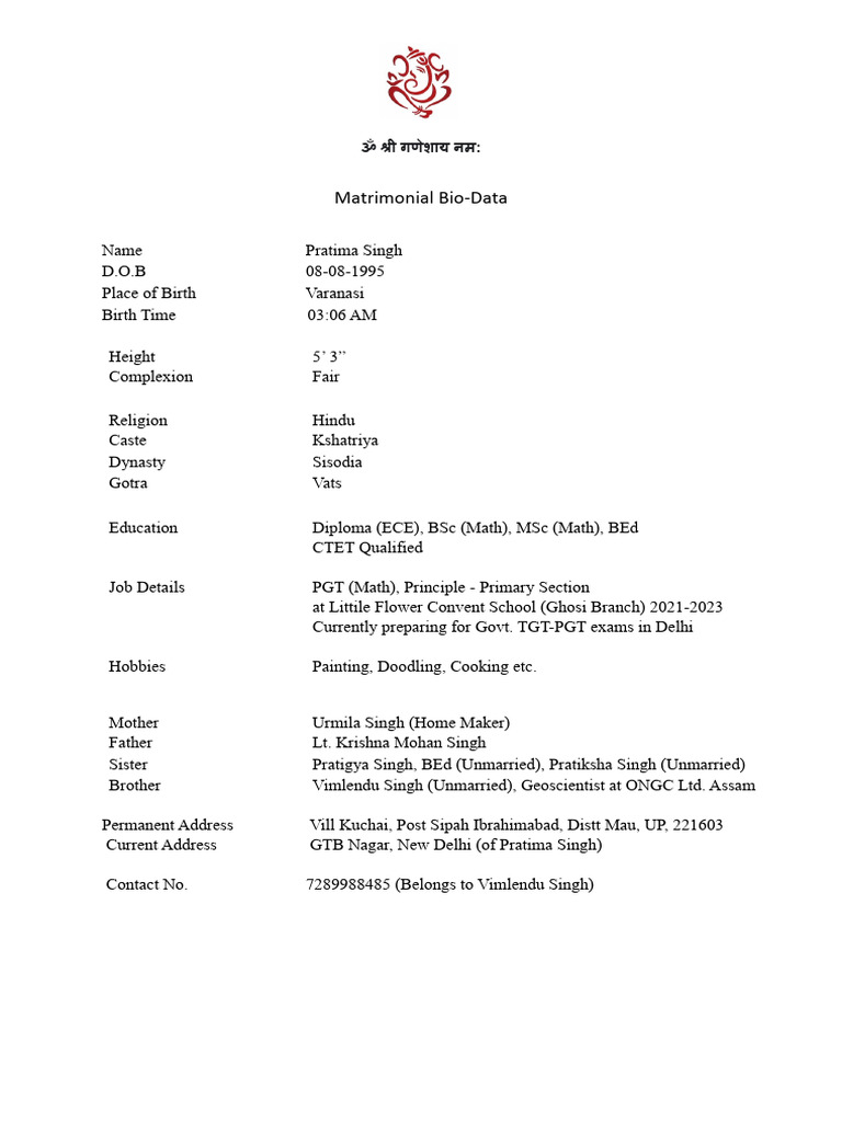 Pratima - Singh - Biodata 2 | PDF