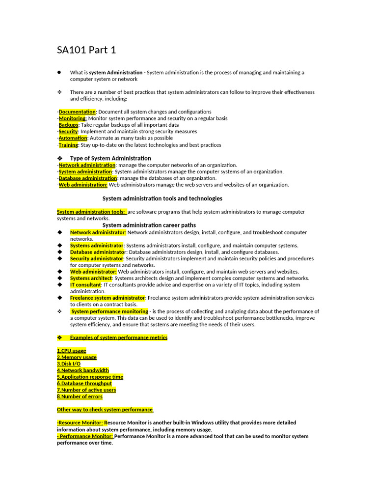 SA101 Part 1 Reviewer | PDF | System Administrator | Computer Network