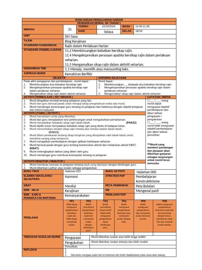 M31 RPH Pendidikan Moral THN 1 2024-2025 | PDF | Karier & Perkembangan