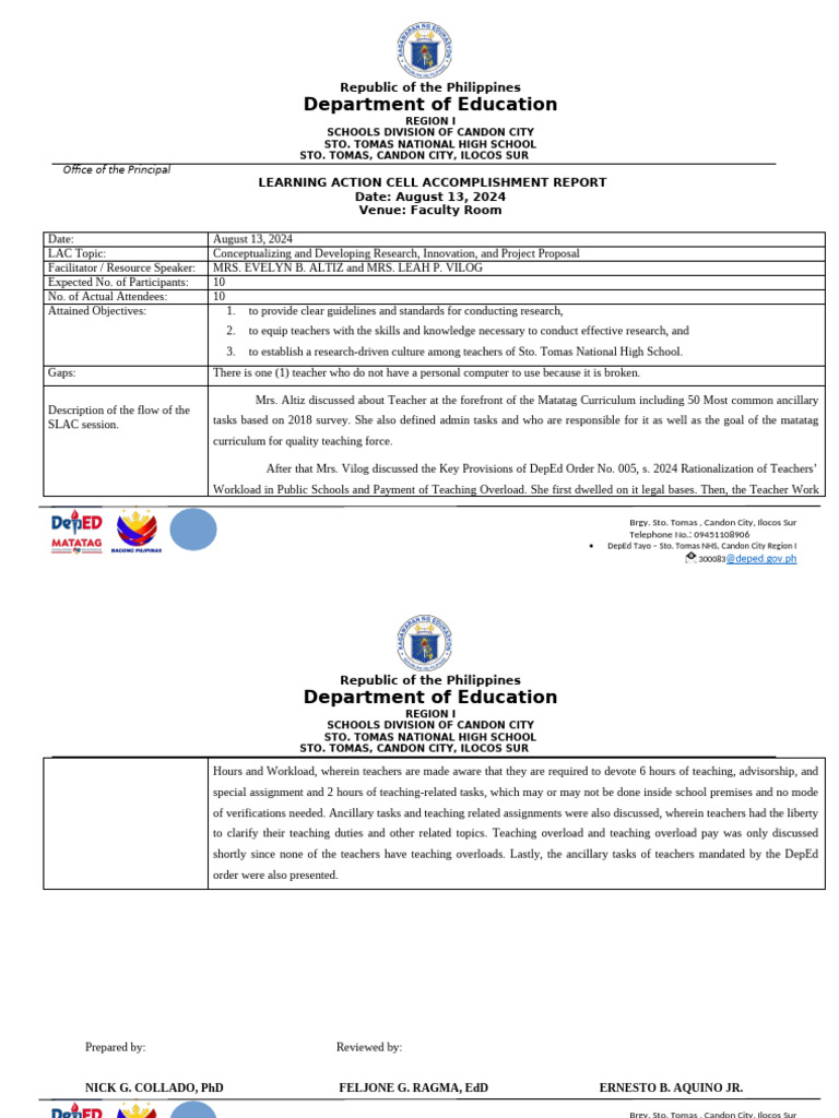 SLAC Accomplishment Report | PDF | Teachers | Cognition