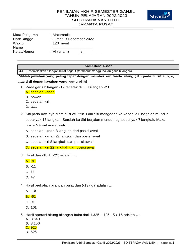 Soal Pas MTK SMST KLS 6 | PDF