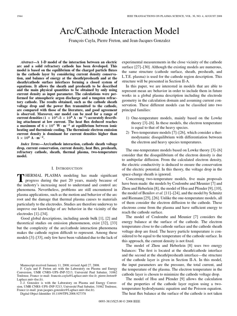 Arc/Cathode Interaction Model | PDF | Cathode | Plasma (Physics)