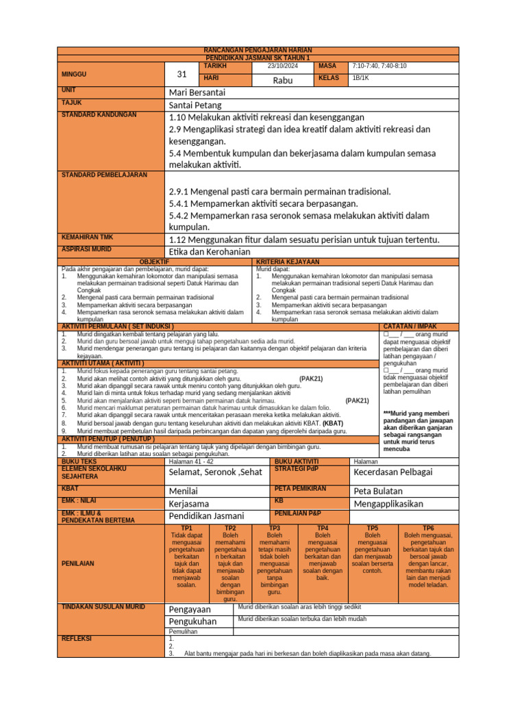 M31 RPH PJ THN 1 2024-2025 | PDF | Karier & Perkembangan