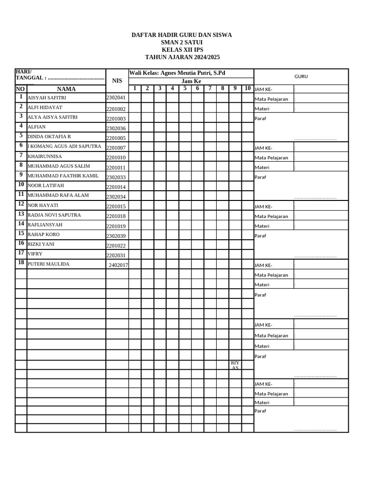Daftar Kehadiran Siswa SMAN 2 Satui | PDF