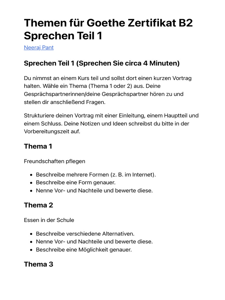 Themen Für Goethe Zertifikat B2 Sprechen Teil 1 - The Language Office | PDF