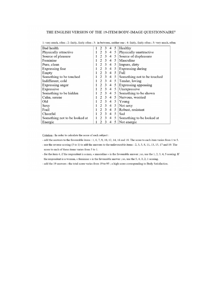 Body Image Questionnaire Manual | PDF