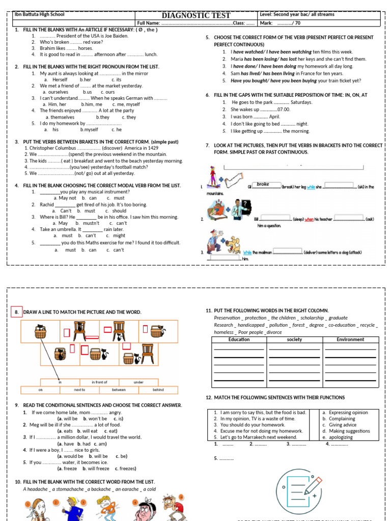 2 Bac Diagnostic Test 09 Hicham | PDF | Linguistics | Grammar
