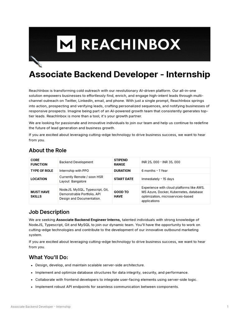 Technical Roles - Associate Backend Developer | PDF | Startup Company | Small Business ...