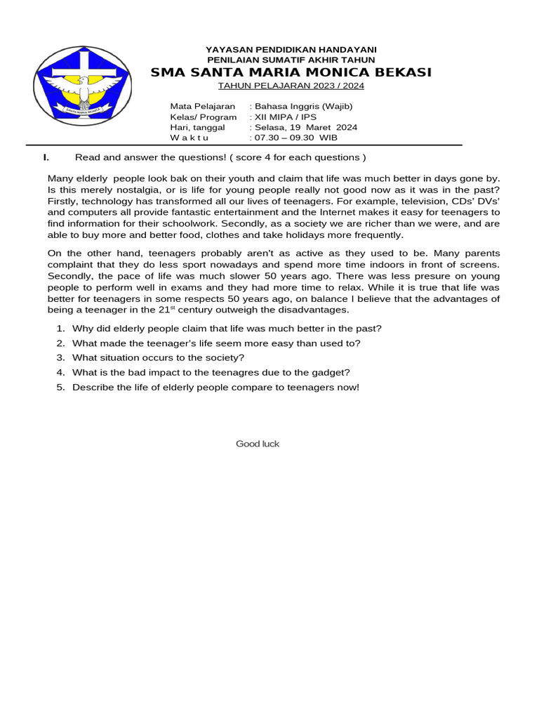 Soal Pat Xii Bing WJB 2024 Essay | PDF | Social Science | Wellness