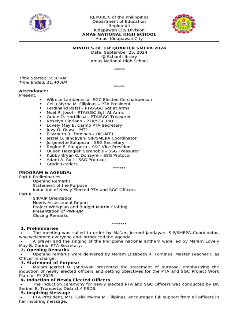 Minutes of PTA-SGC-Sep-25-2024 Bullet Form | PDF