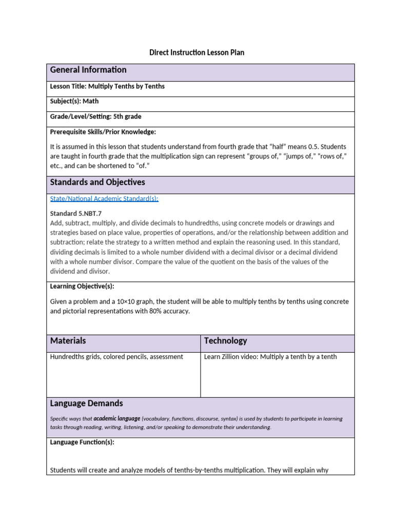 Lesson Plan Multiplying Tenths | PDF | Division (Mathematics) | Multiplication