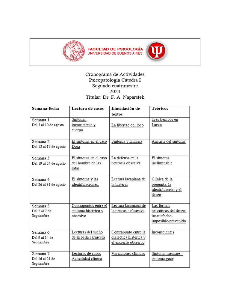 Cronograma 2C 2024 | PDF | Jacques Lacan | Neurosis