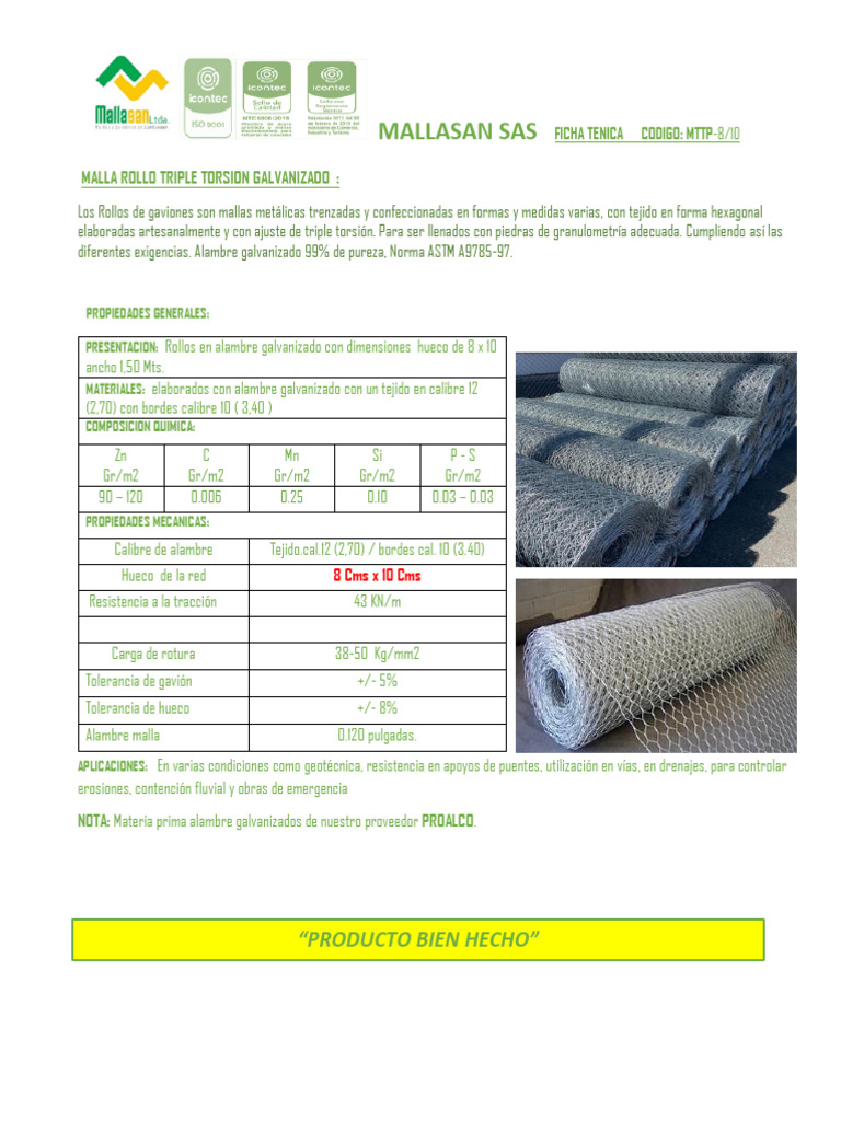 Ficha Tecnica de Malla en Rollo Triple Torsion Galvanizado Cal. 12 X 10 ...