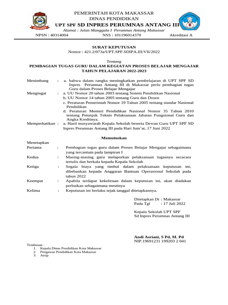 SK Pembagian Tugas 2022-2023 | PDF