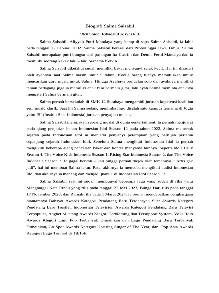 Biografi Salma Salsabil | PDF | Seni