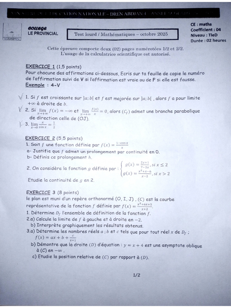 Test Lourd Maths Tle D Provincial 2025 | PDF