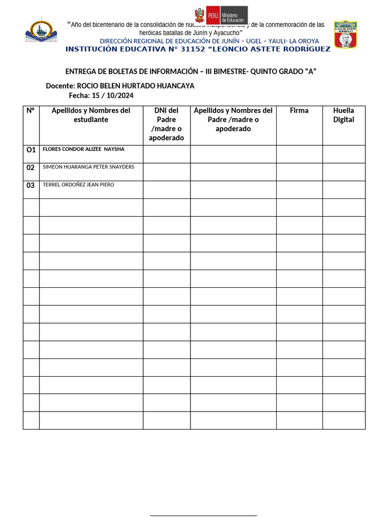 Formato Entrega de Boletas III Bimestre | PDF