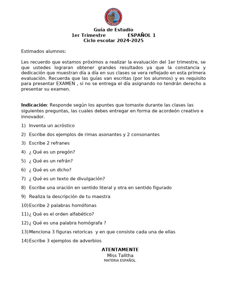 Guía de Estudio Español 1er Trimestre | PDF