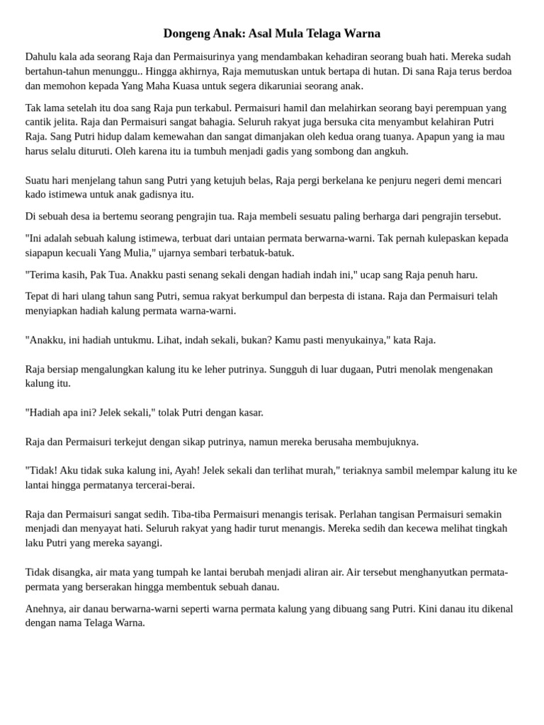 Dongeng Asal Telaga Warna | PDF | Agama & Spiritualitas | Fiksi Misteri, Thriller, & Kejahatan