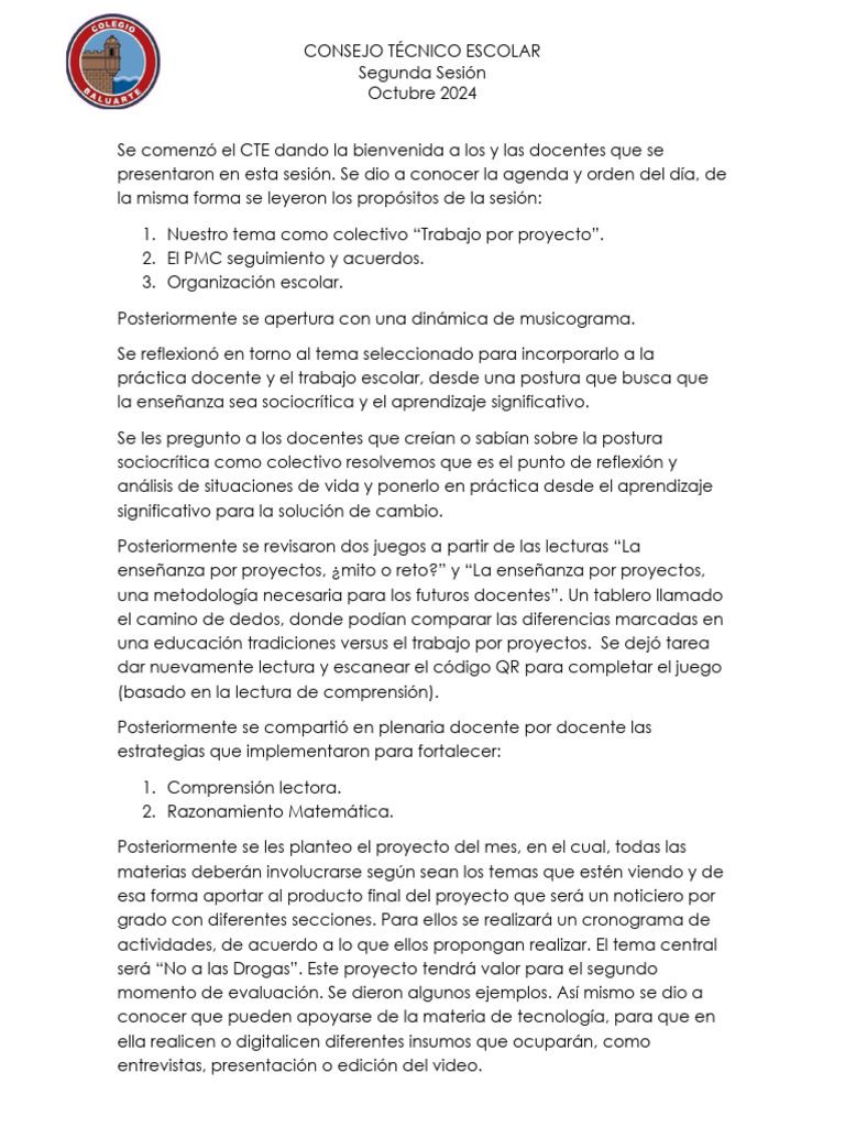 Acta CTE Octubre 2024 Secundaria. | PDF | Enseñando | Cognición