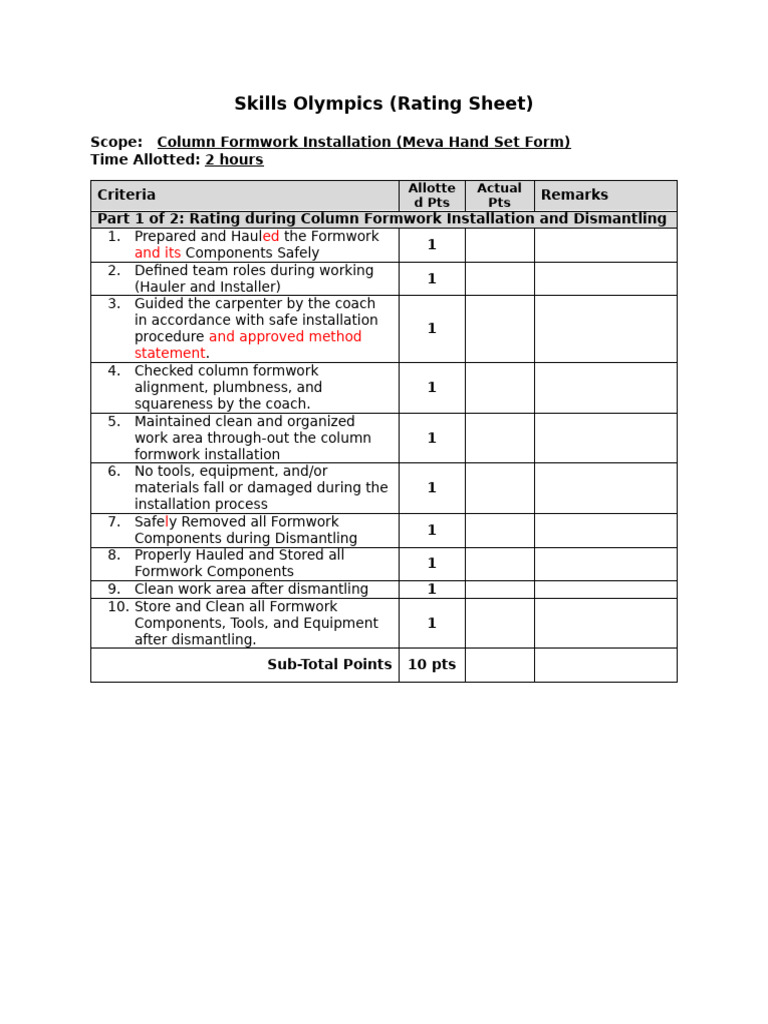Skills Olympics (Rating Sheet - Column Formworks) - 20231110 | PDF ...