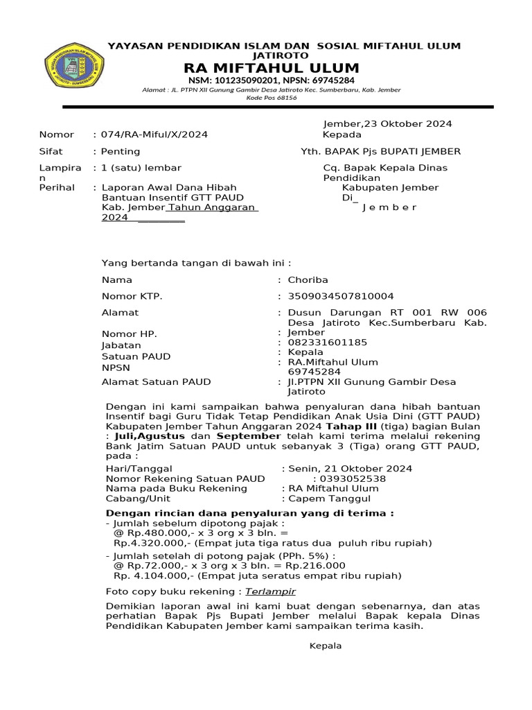 0 Contoh Lap - Awal Dan FC Buku Rek THP II-2024 | PDF