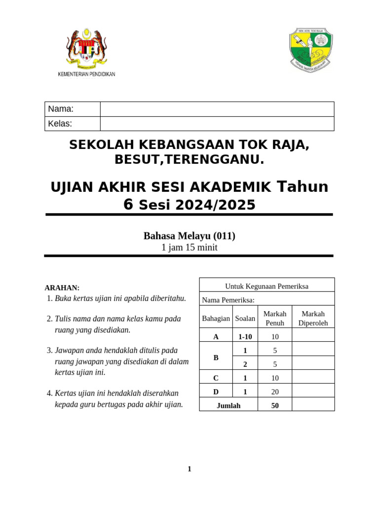 10 TAPAK INSTRUMEN UASA BM TH 6 (1) SK Tok Raja | PDF