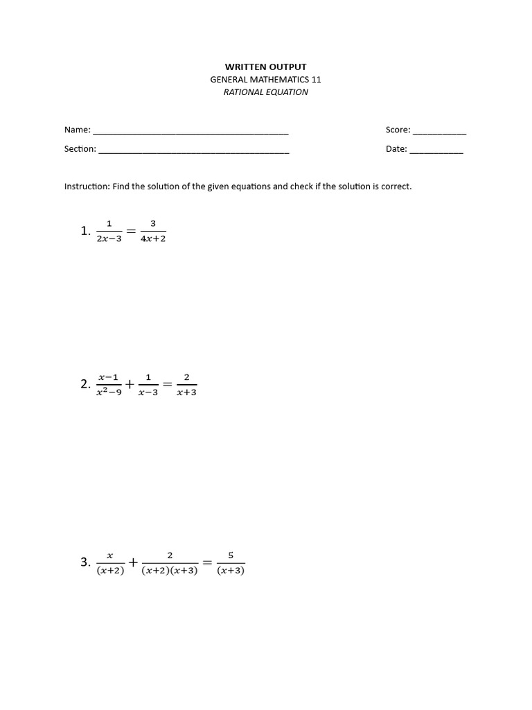 Rational Equation Written Output Genmath12 | PDF