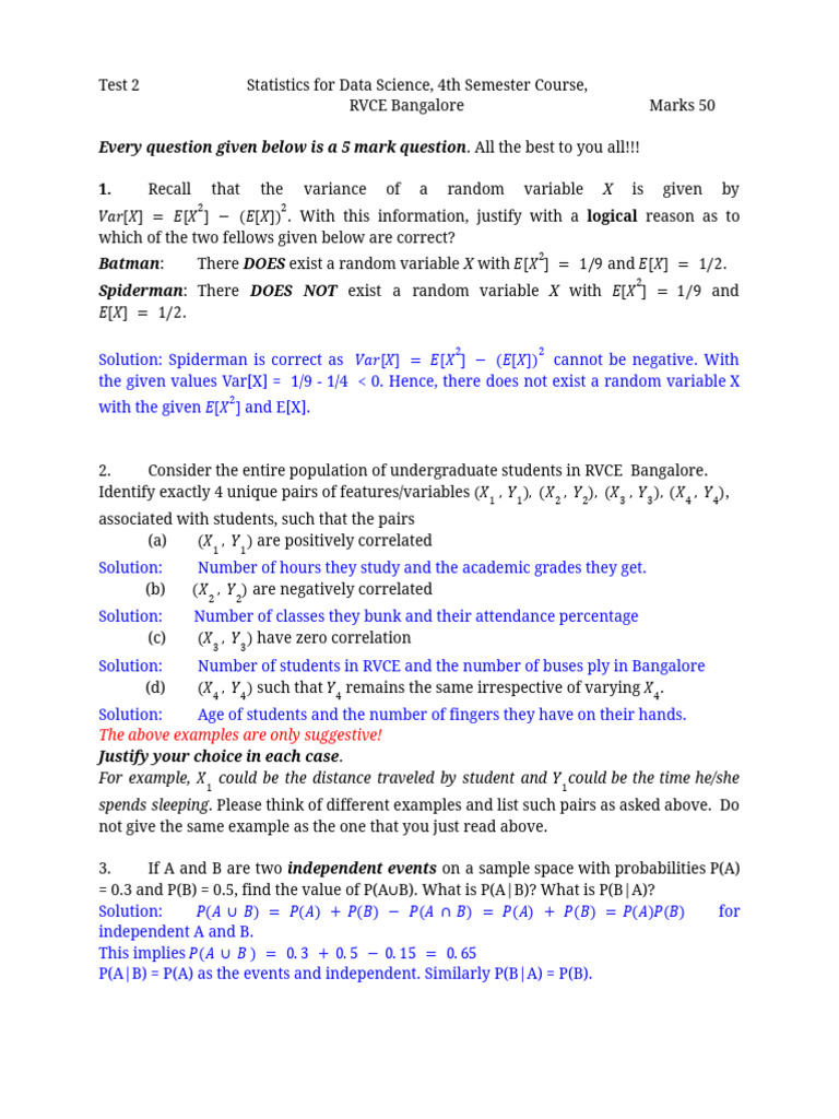 Solutions RVCE AIML Test 2 | PDF | Statistical Theory | Statistical ...