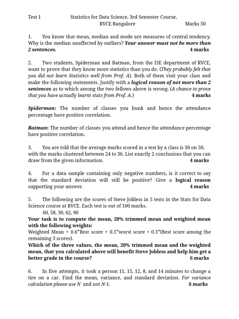 Rvce Aiml 3rd Sem Test 1 | PDF | Mean | Median