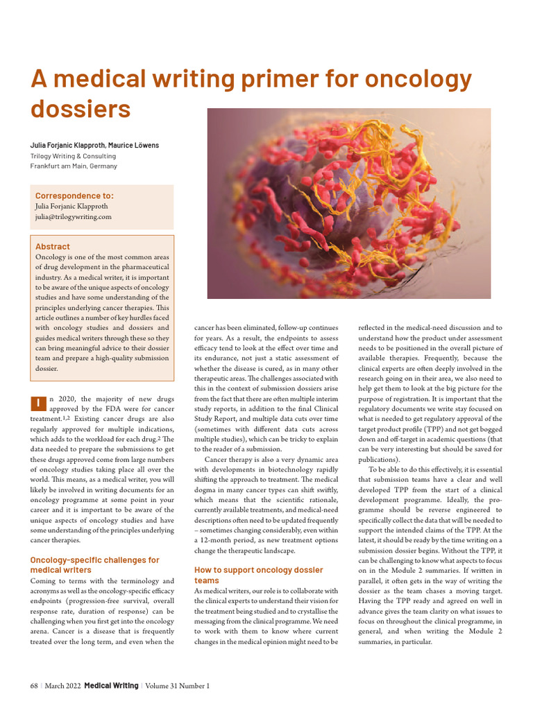 A Medical Writing Primer For Oncology Dossiers | PDF | Therapy | Medicine