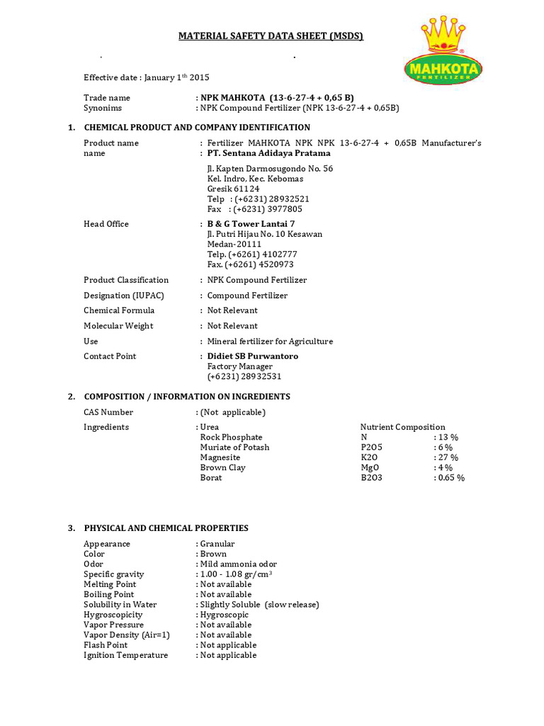 MSDS Mahkota NPK 13 6 27 4 + 0,65 B | PDF | Toxicity | Waste