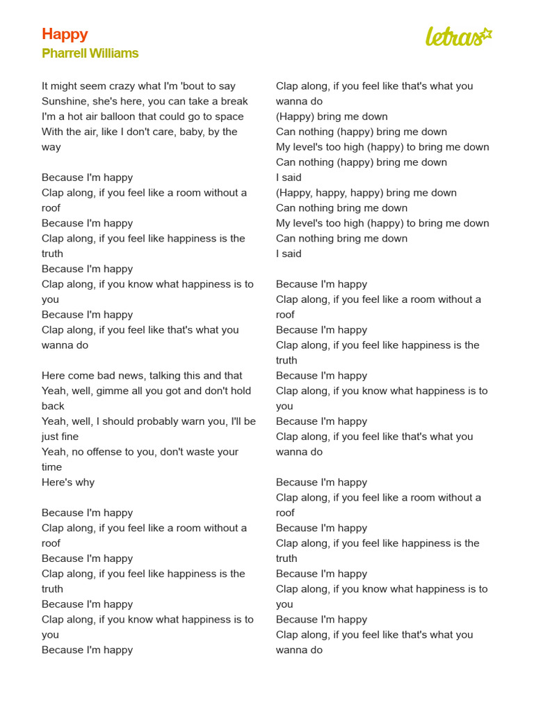 HAPPY - Pharrell Williams (Impresión) | PDF | Self-Improvement