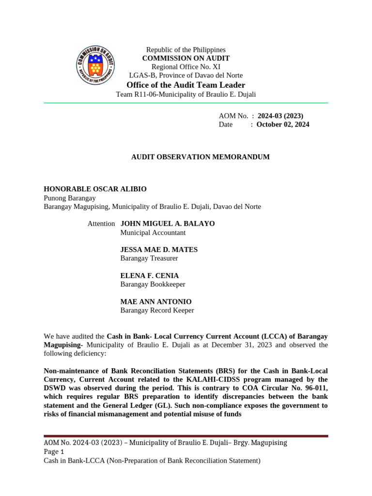 Magupising - BE Dujali - AOM No. 2024-03 (2023) - Non Preparation of Bank Reconciliation ...