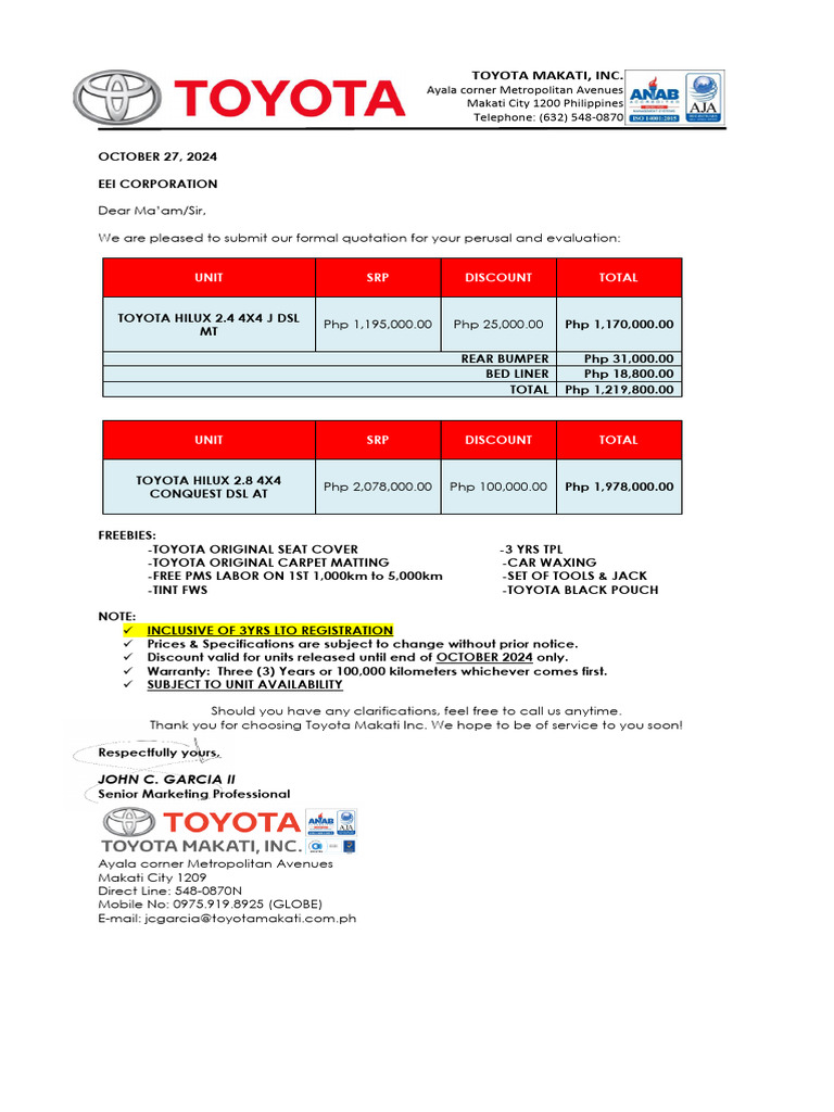 Toyota Makati 2024 Hilux Quotation | PDF