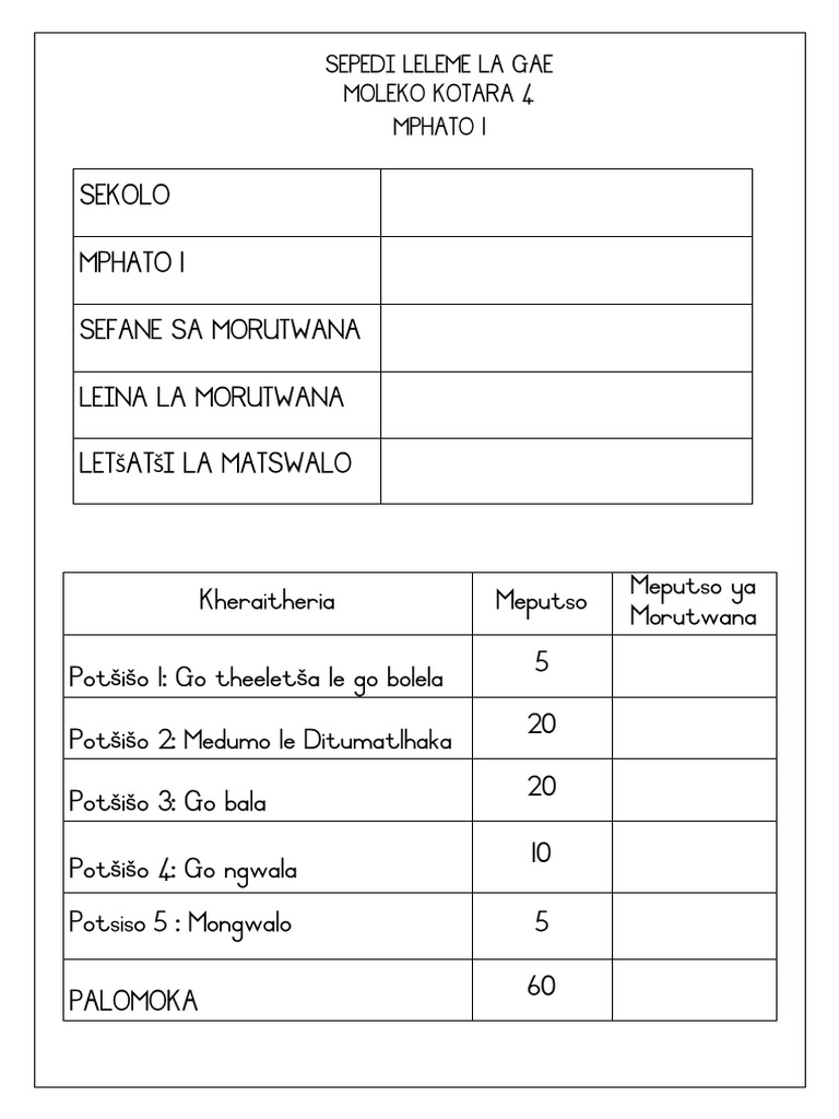2023 T4 Grade 1 Sepedi HL Task | PDF