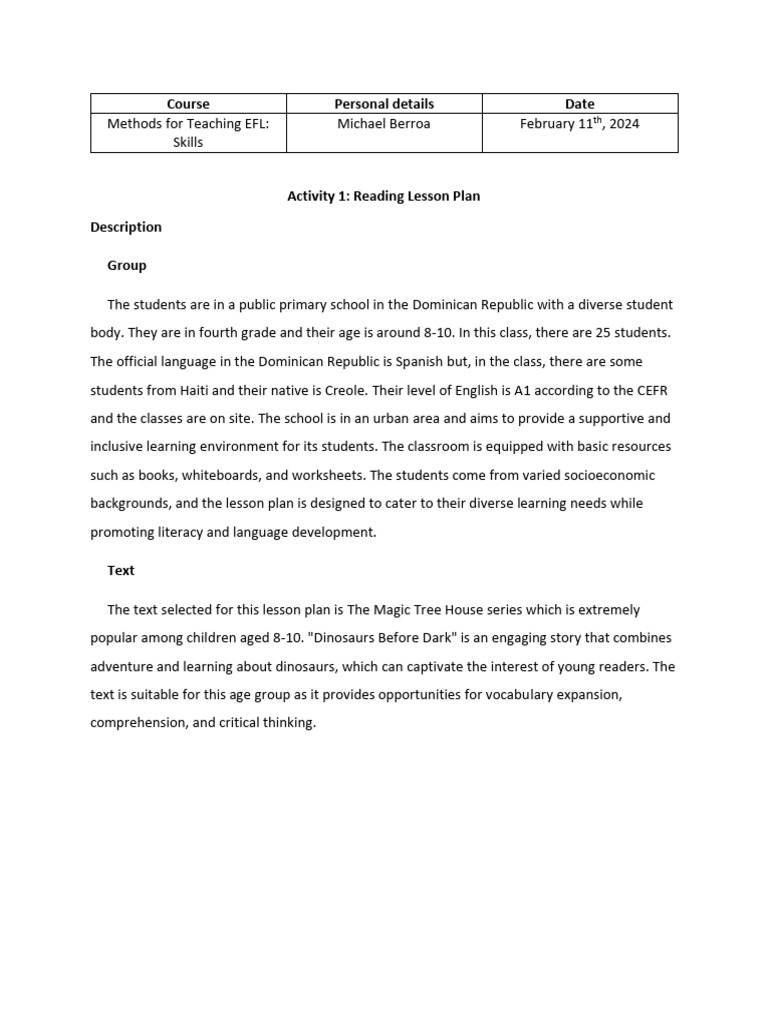 Reading Lesson Plan: Dinosaurs Adventure | PDF | Reading Comprehension ...