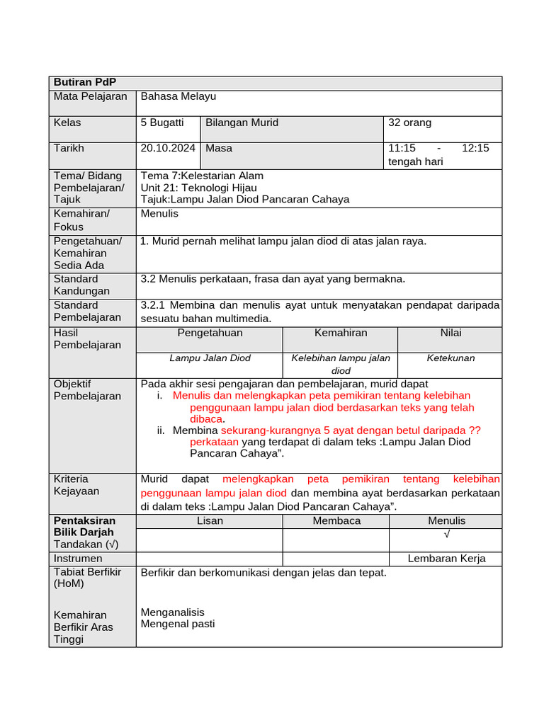 RPH BM 5B (20.10.24) (MINGGU 8) Ob PR 3 | PDF